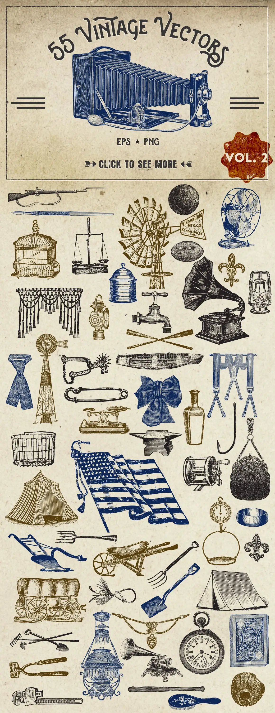 55 Vintage Vectors Graphics Vol. 2 - Brushes Pack