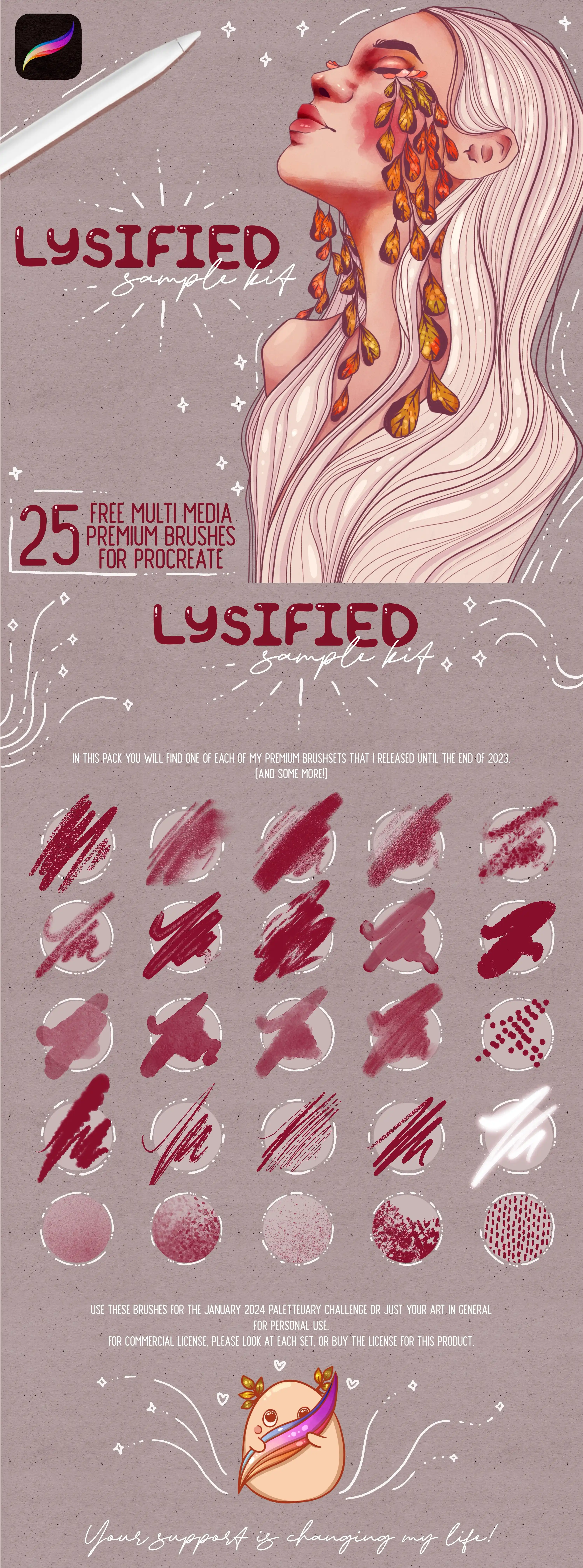 🤍 Lysified Sample Pack 2024 - Sample premium sets, 25 free brushes for Procreate Free Download