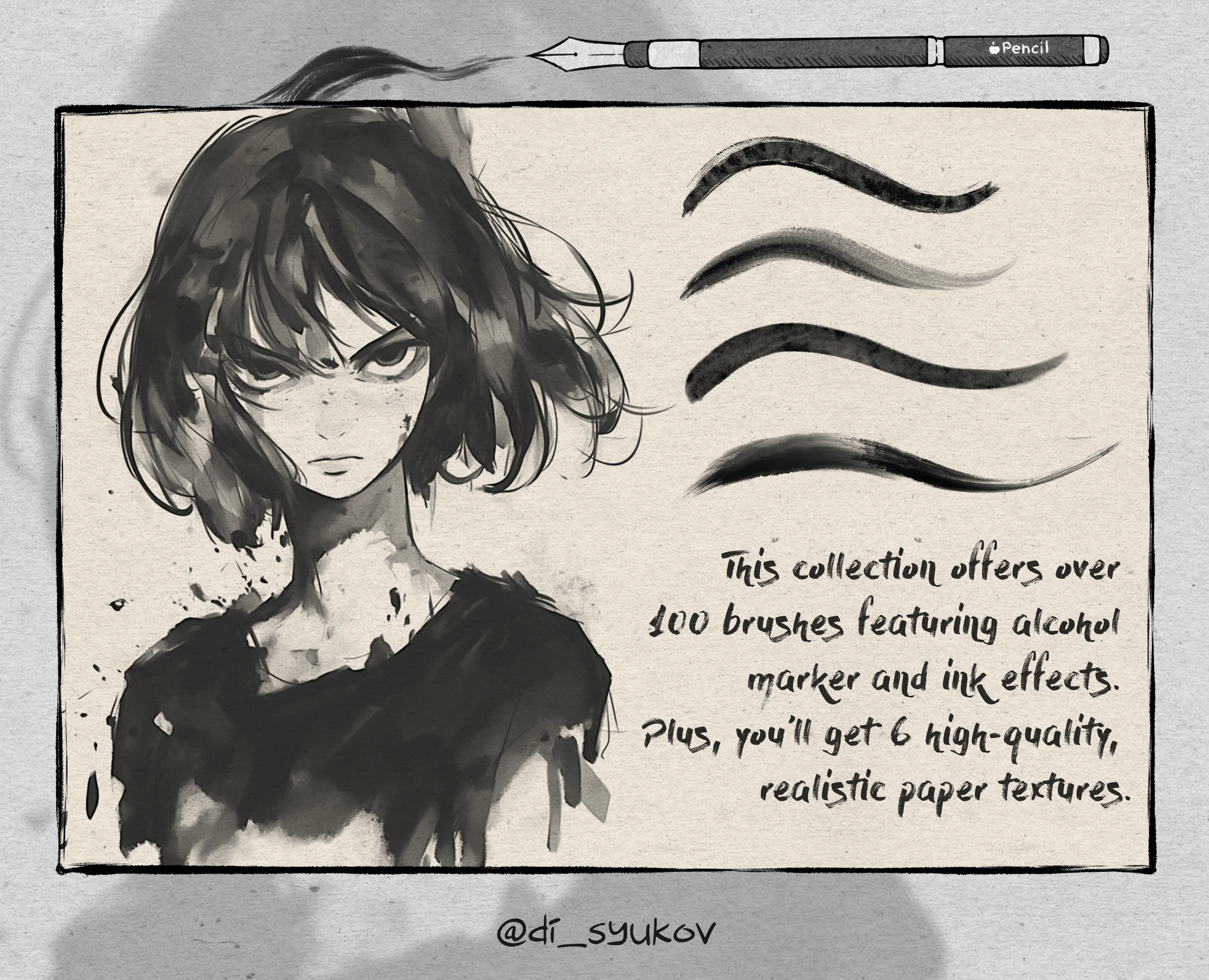 100 Ink Brushes For Procreate, Alcohol Markers, Paper Textures, Ink ...