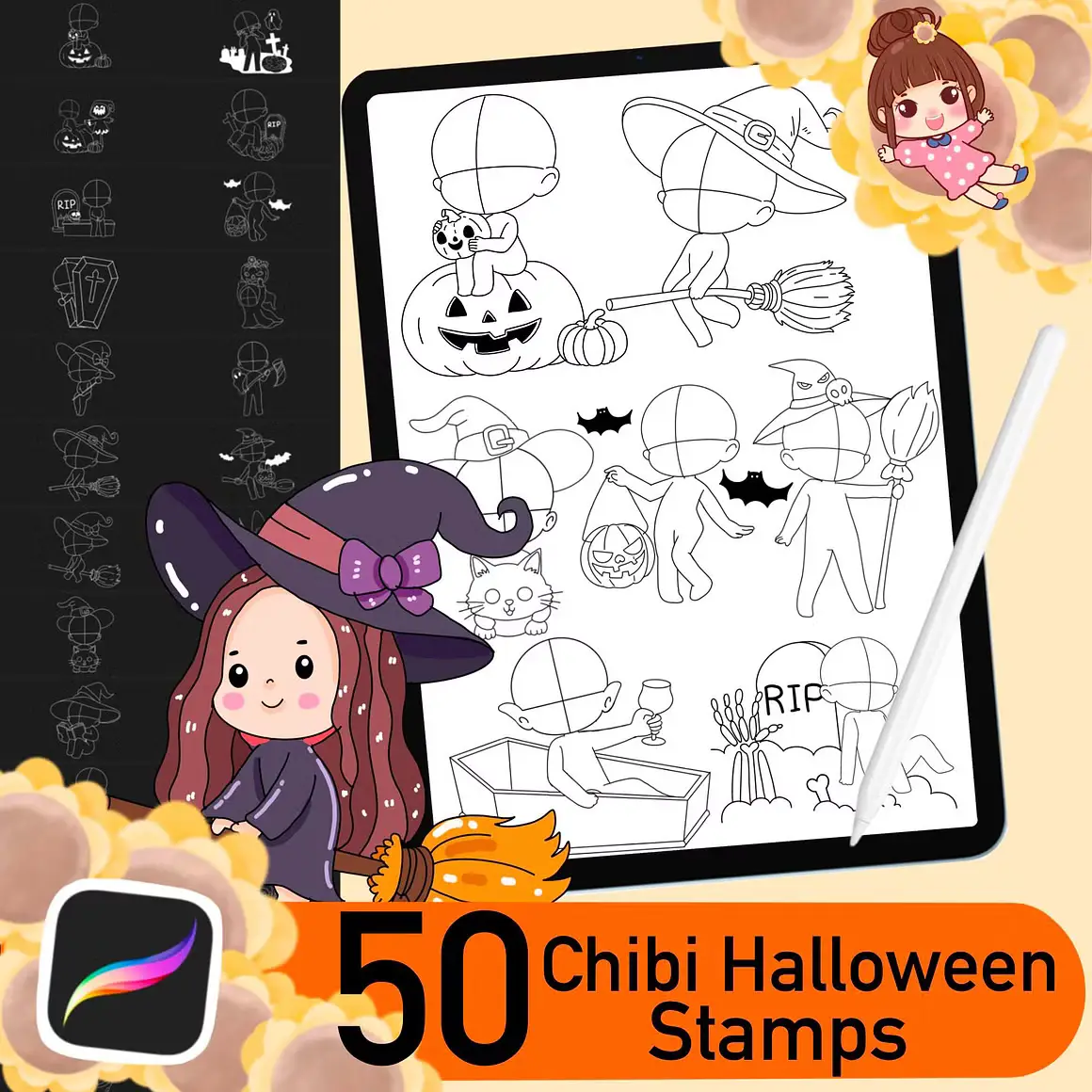 50 Procreate Halloween Chibi Stamps Free Download