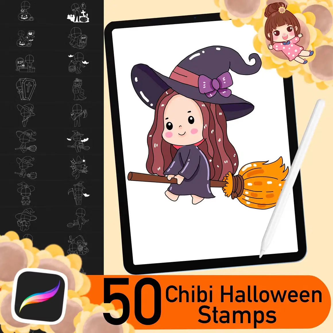50 Procreate Halloween Chibi Stamps Free Download