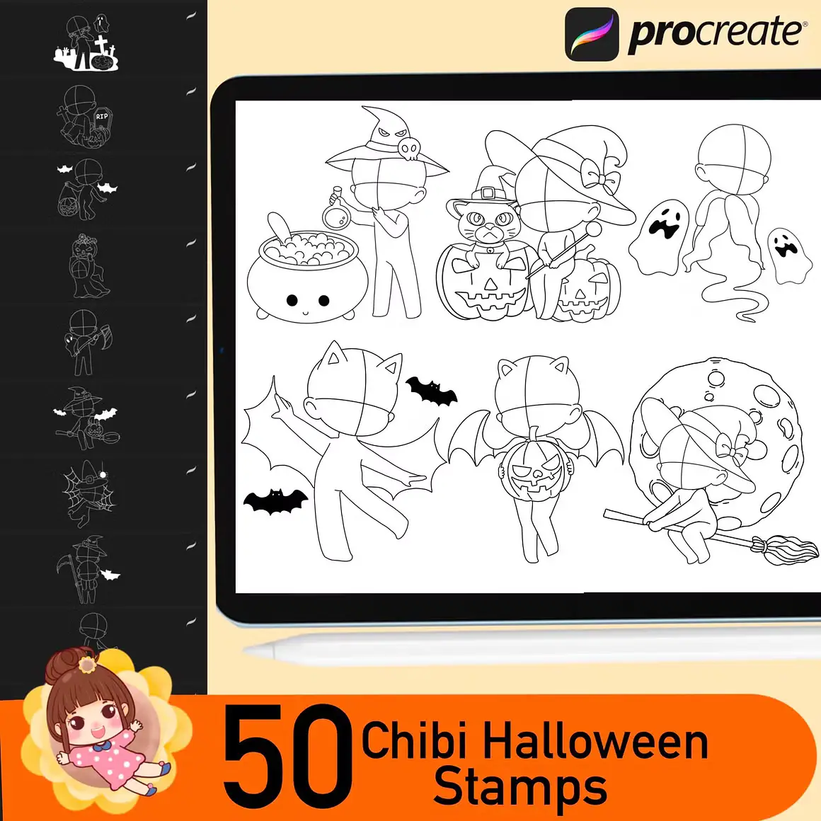 50 Procreate Halloween Chibi Stamps Free Download