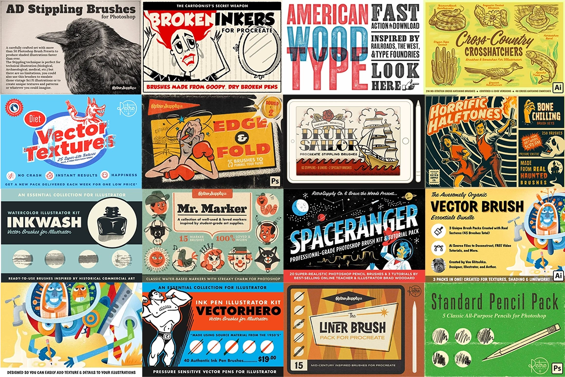 MEGA BUNDLE: 93 Retro Supply Design Tools for Procreate, Photoshop ...