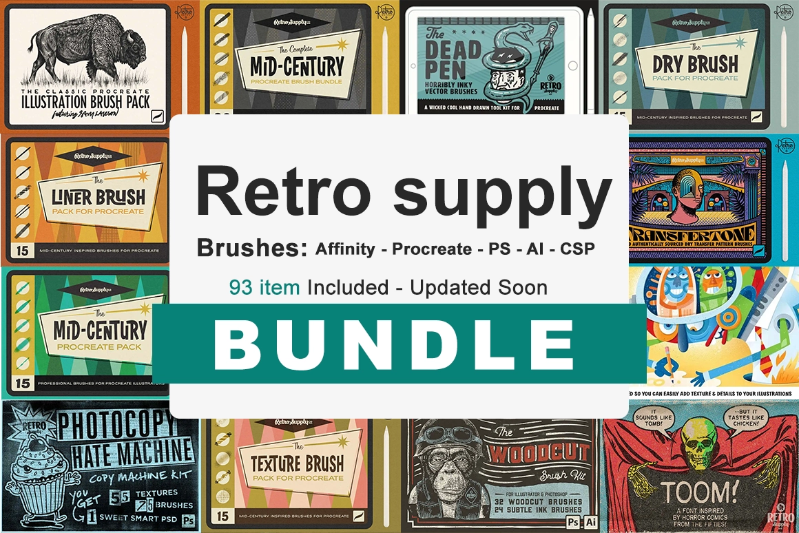 MEGA BUNDLE: 93 Retro Supply Design Tools for Procreate, Photoshop ...
