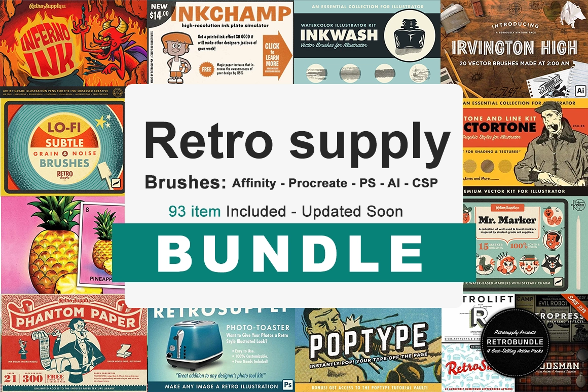 MEGA BUNDLE: 93 Retro Supply Design Tools for Procreate, Photoshop ...
