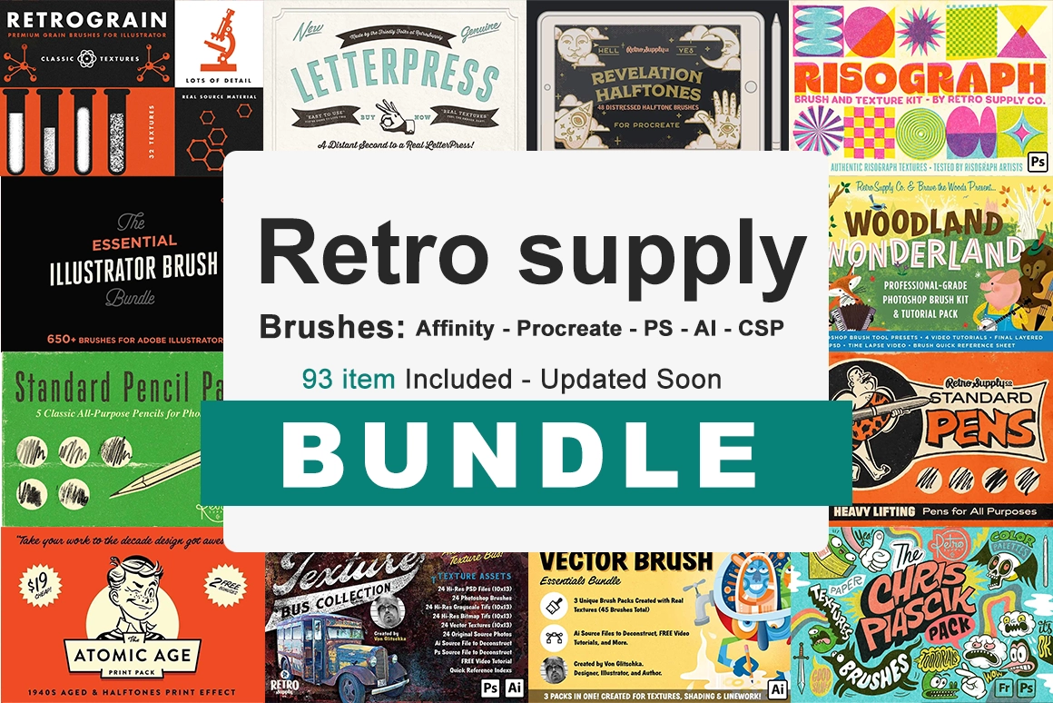 MEGA BUNDLE: 93 Retro Supply Design Tools for Procreate, Photoshop ...