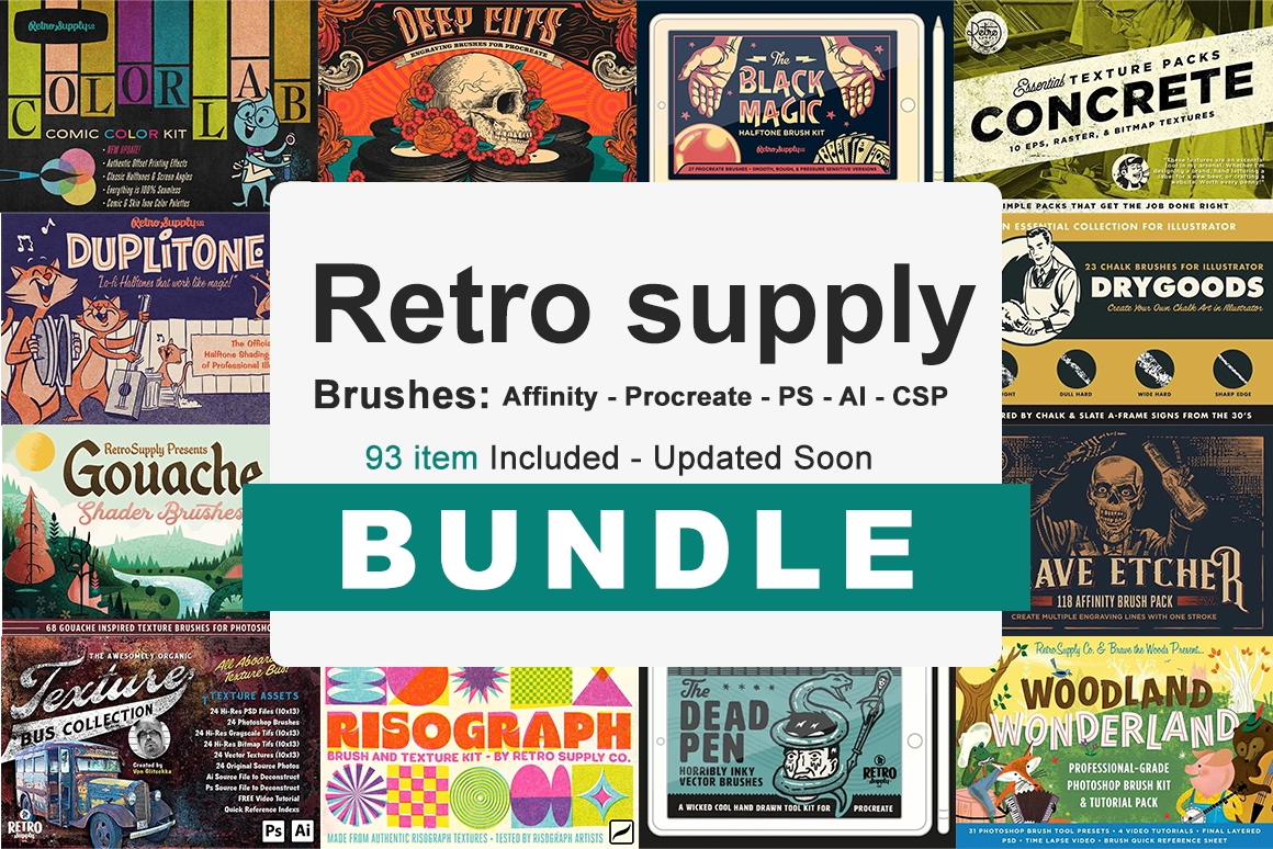MEGA BUNDLE: 93 Retro Supply Design Tools for Procreate, Photoshop ...