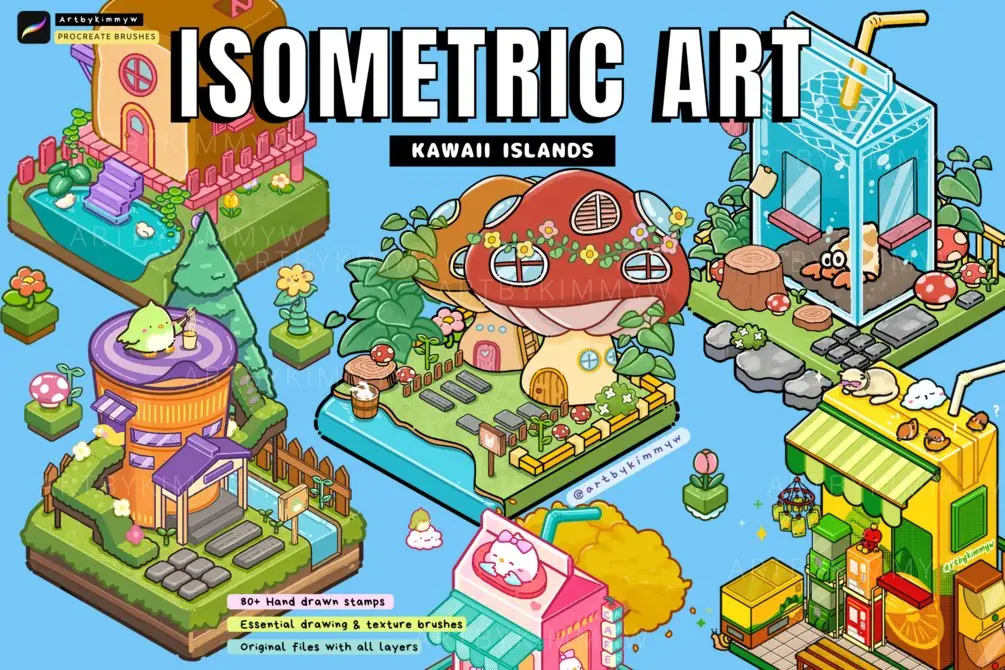 Isometric art kawaii island for procreate Free Download