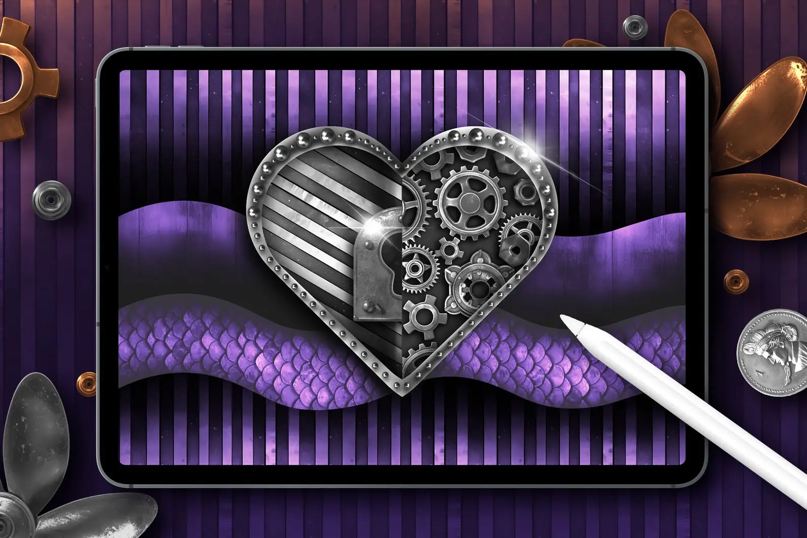 Steampunk brushes for Procreate, Metal textures and stamps Free Download