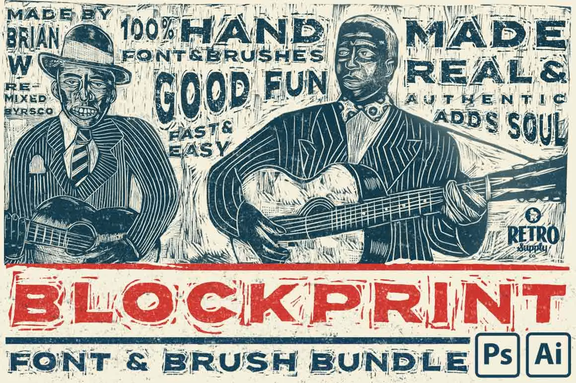 Blockprint Font & Brush Pack for Adobe Illustrator & Photoshop