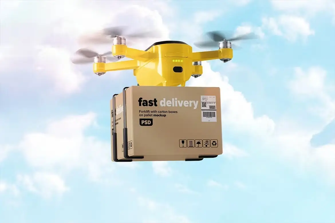 Cardboard Box Delivery By Drone Mockup - Showcase Your Designs