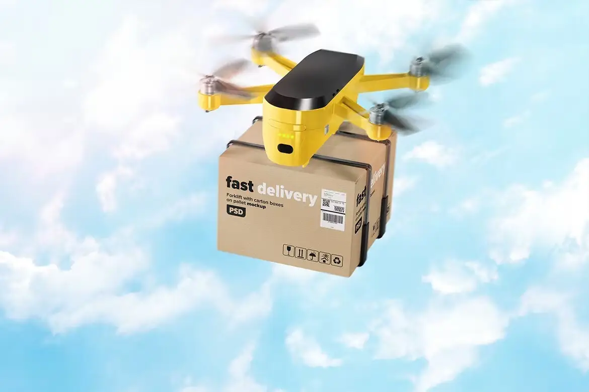 Cardboard Box Delivery By Drone Mockup - Showcase Your Designs
