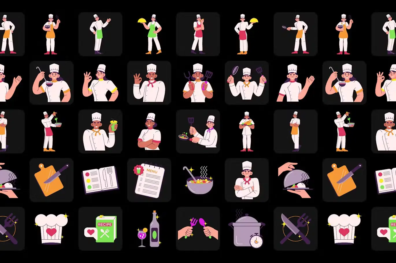 Flat Design Chef & Kitchen Character Illustrations