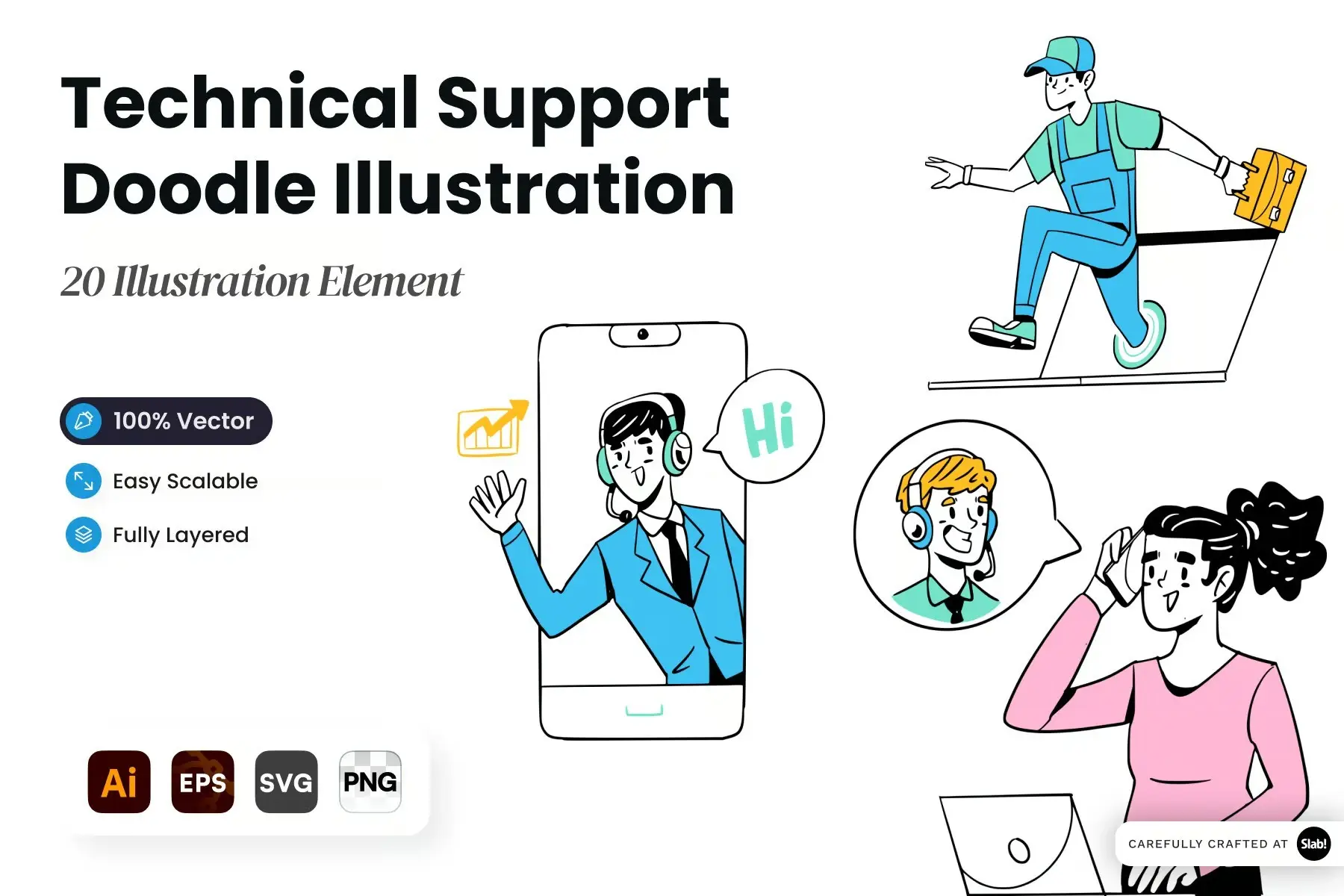 Technical Support Doodle Illustration - Hand-Drawn Vector Designs